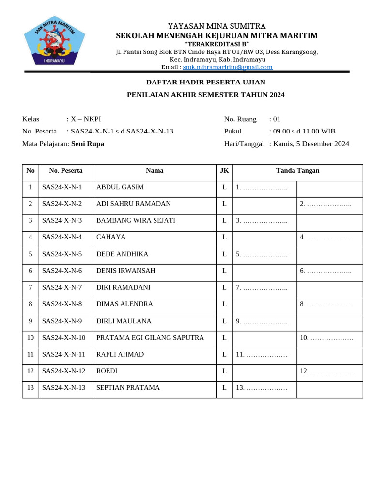Daftar Hadir Peserta Ujian | PDF