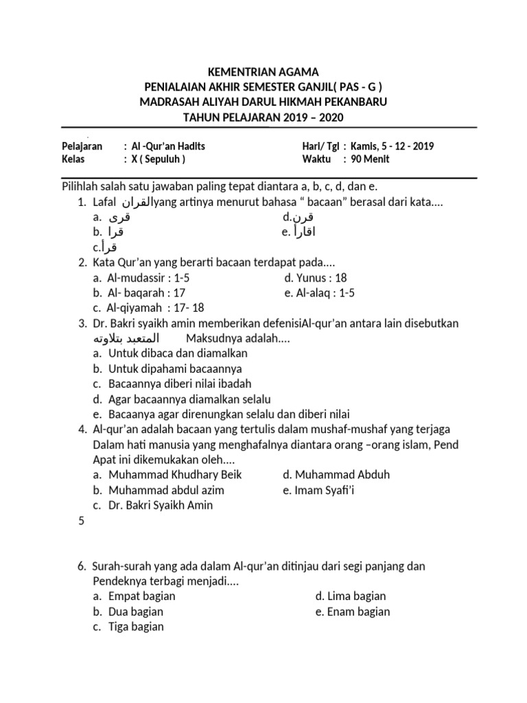 Soal Qurdis Kelas X SMTR 1 2019 | PDF