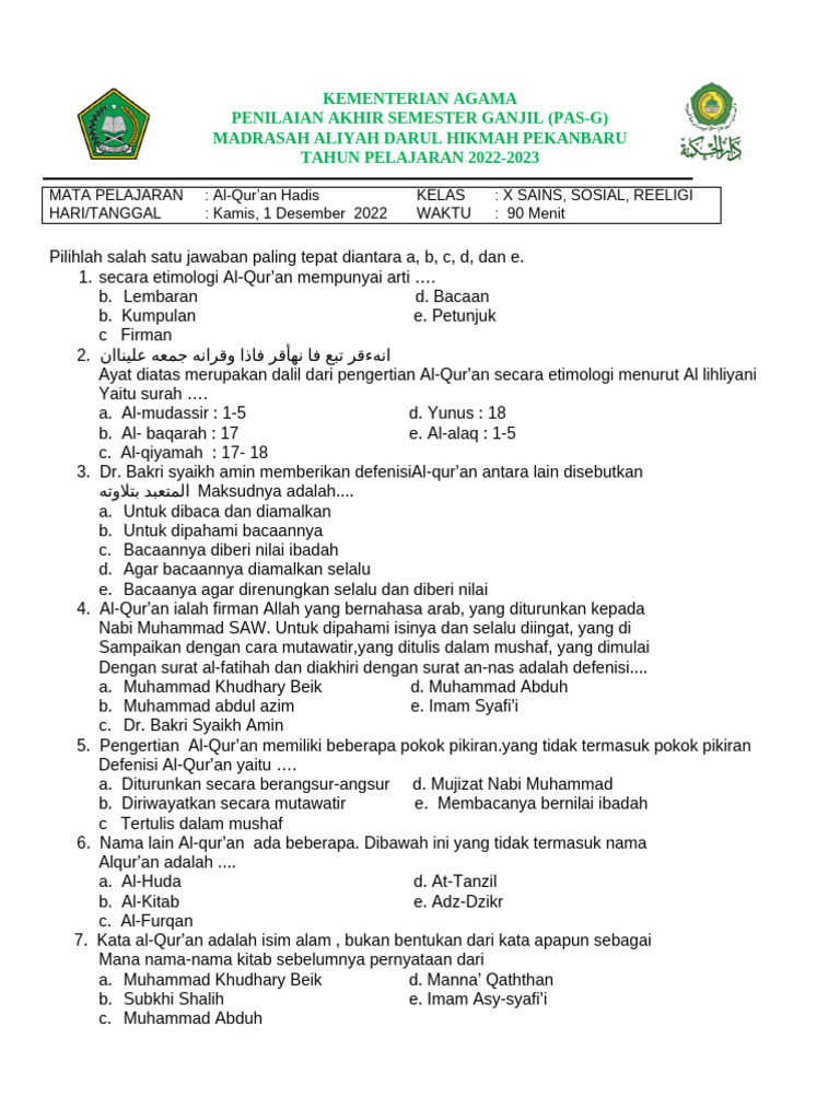 Soal Qurdis KLS X Pas Ganjil 2022-2023 | PDF