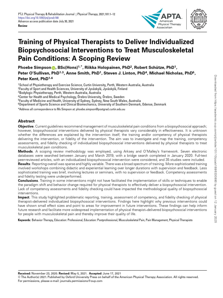 Training of Physical Therapists To Deliver Individualized ...