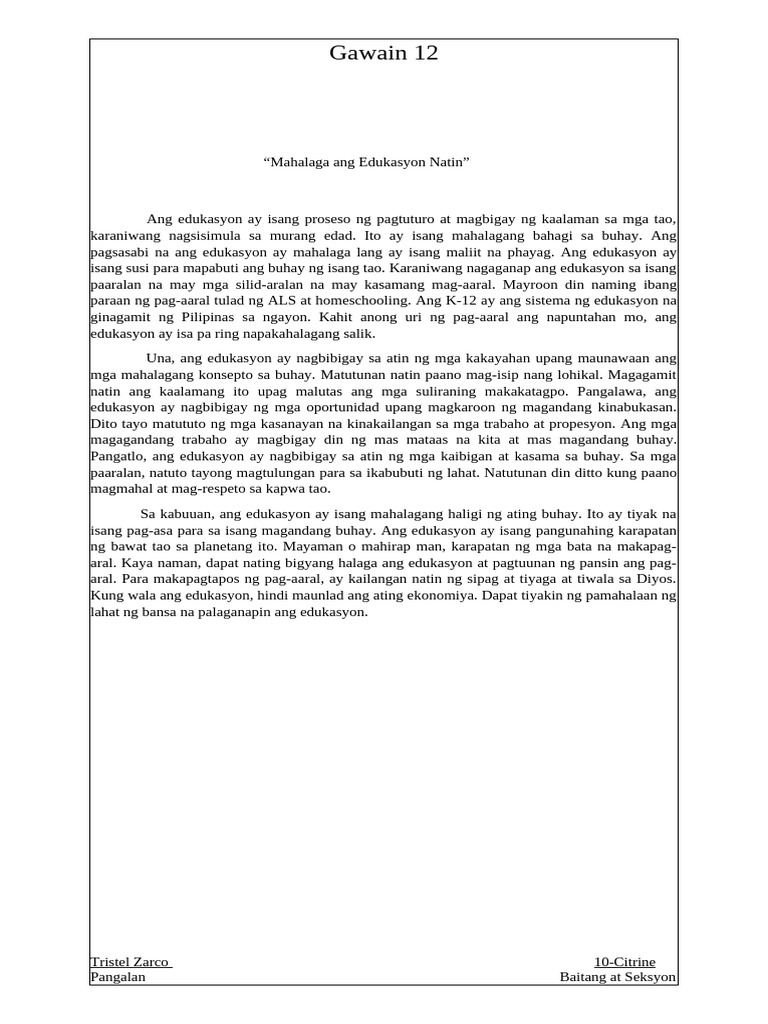 Nathan Rio Tristel Zarco Grade 10-Citrine Filipino 10 3rd Quarter Gawain 12 | PDF