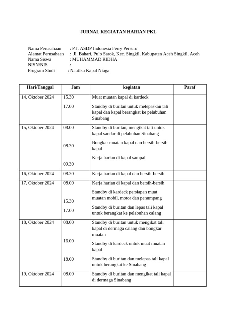 Laporan Kegiatan Harian PKL Kapal | PDF