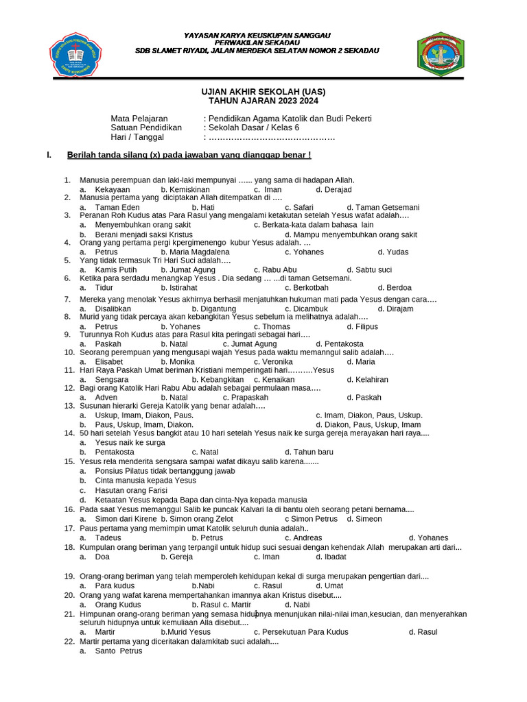 Soal Uas Agama Kelas 6 SDB 2021-2022 | PDF