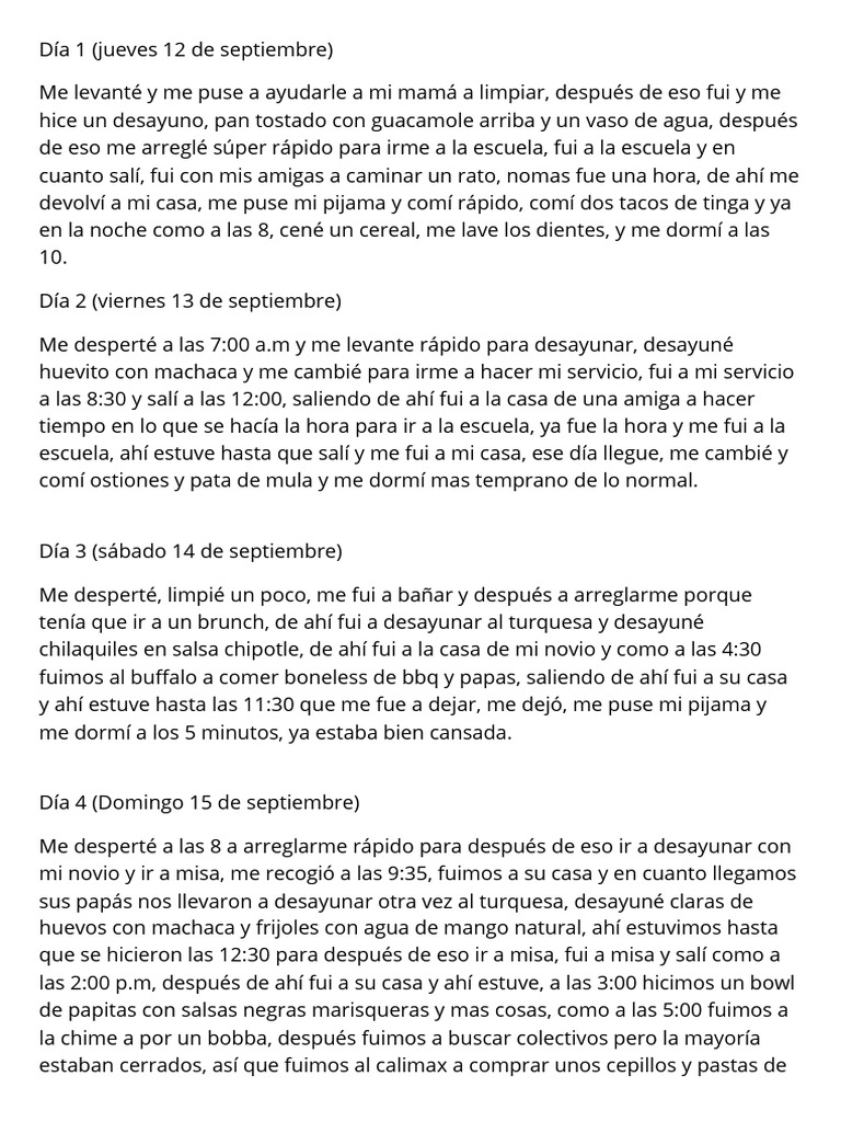Mi rutina diaria: días 12-16 de septiembre | PDF | Alimentos | Cocina ...