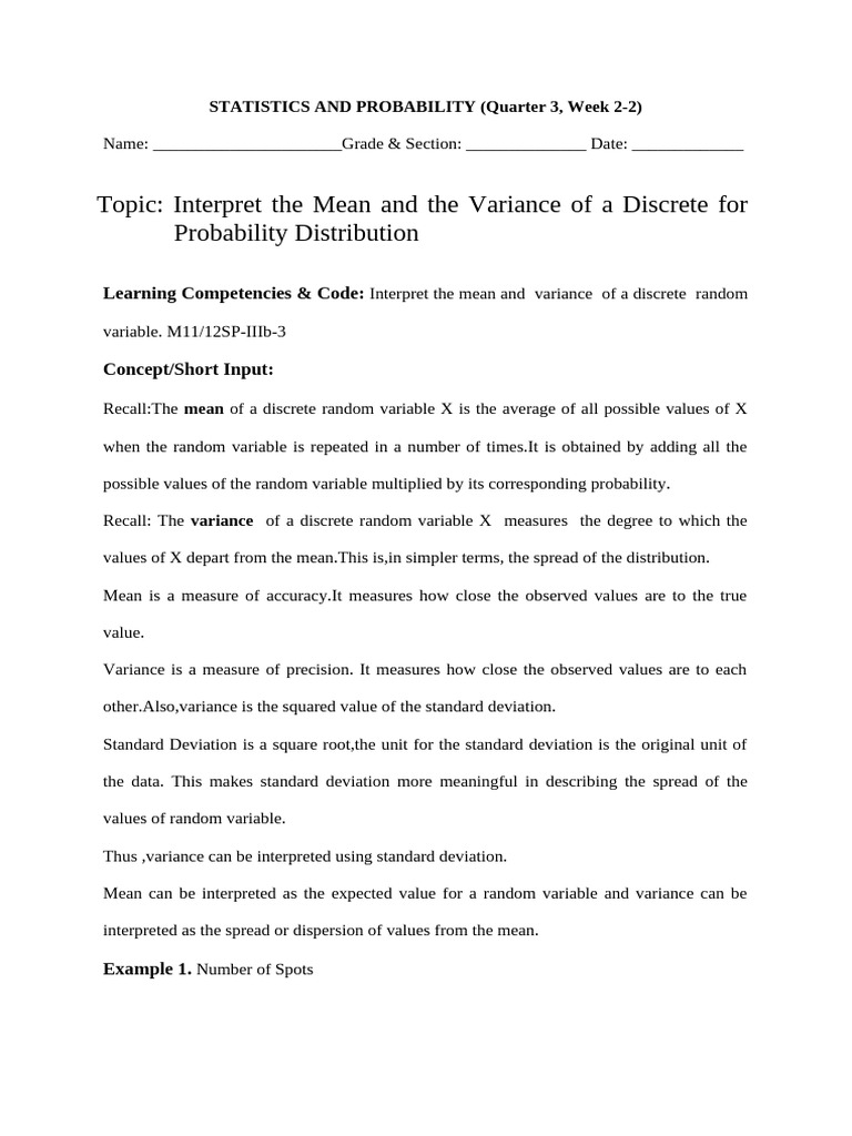 Stat&Prob11 Q3 W2.3 Finalized | PDF | Variance | Random Variable