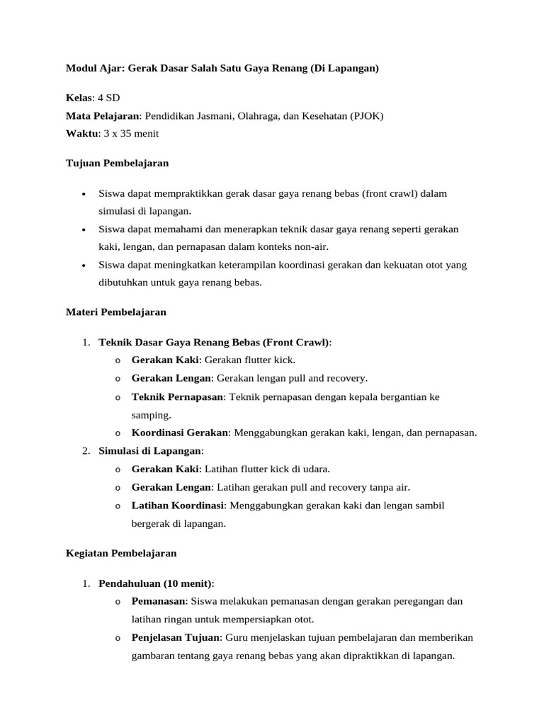 Modul Ajar 2. Mempraktikan Gerak Dasar Salah Satu Gaya Renang | PDF