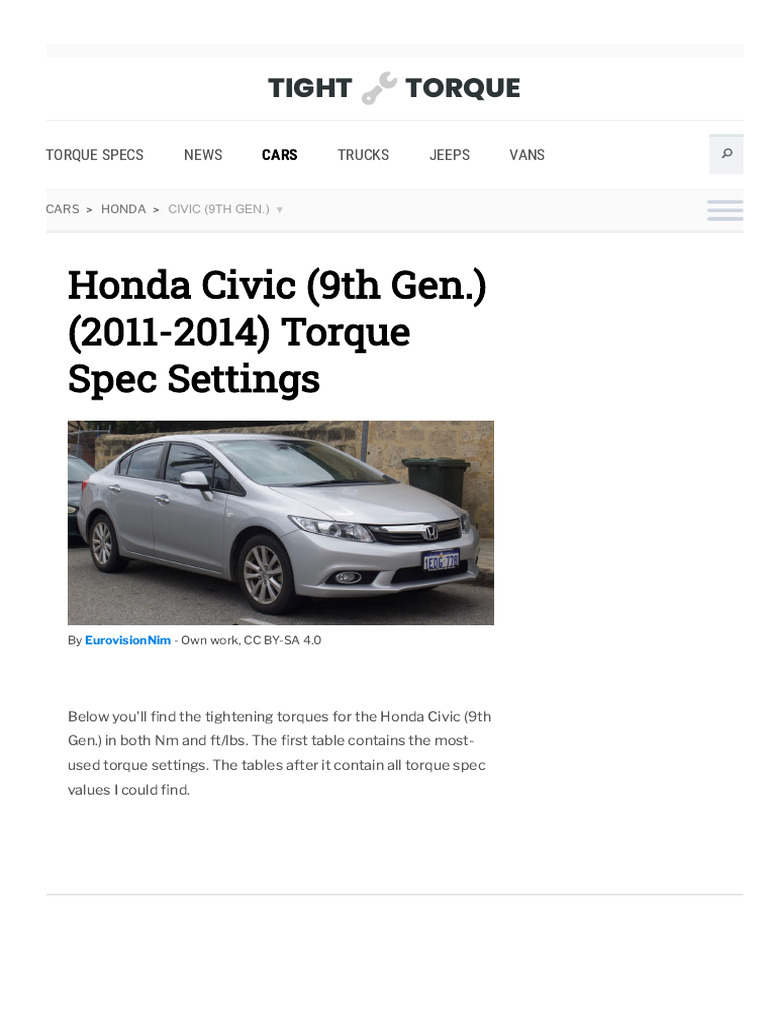 9th Gen Civic Torque Specs