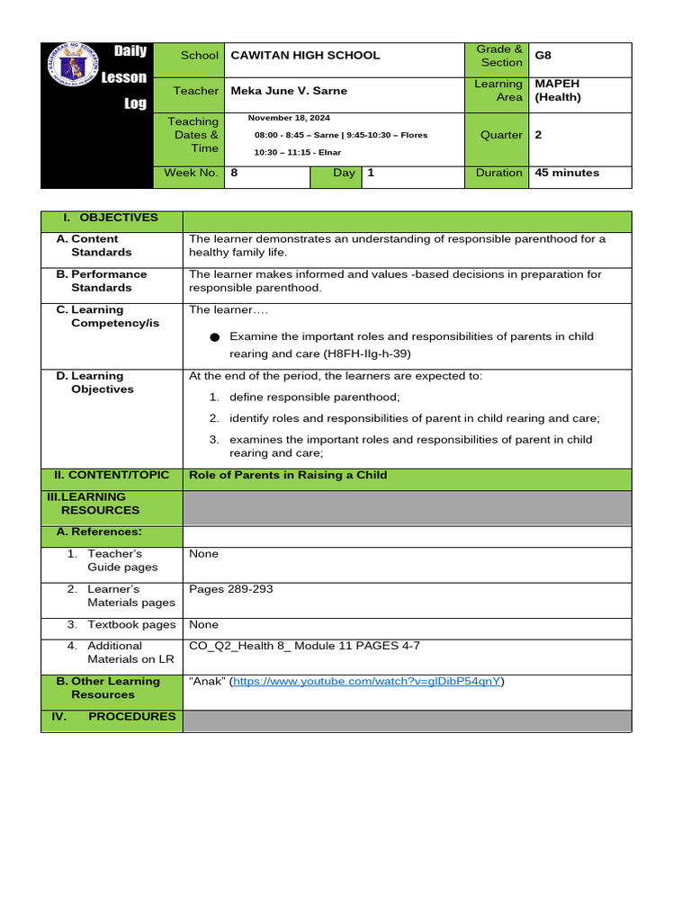 Responsible Parenthood Lesson Plan | PDF | Parenting | Learning