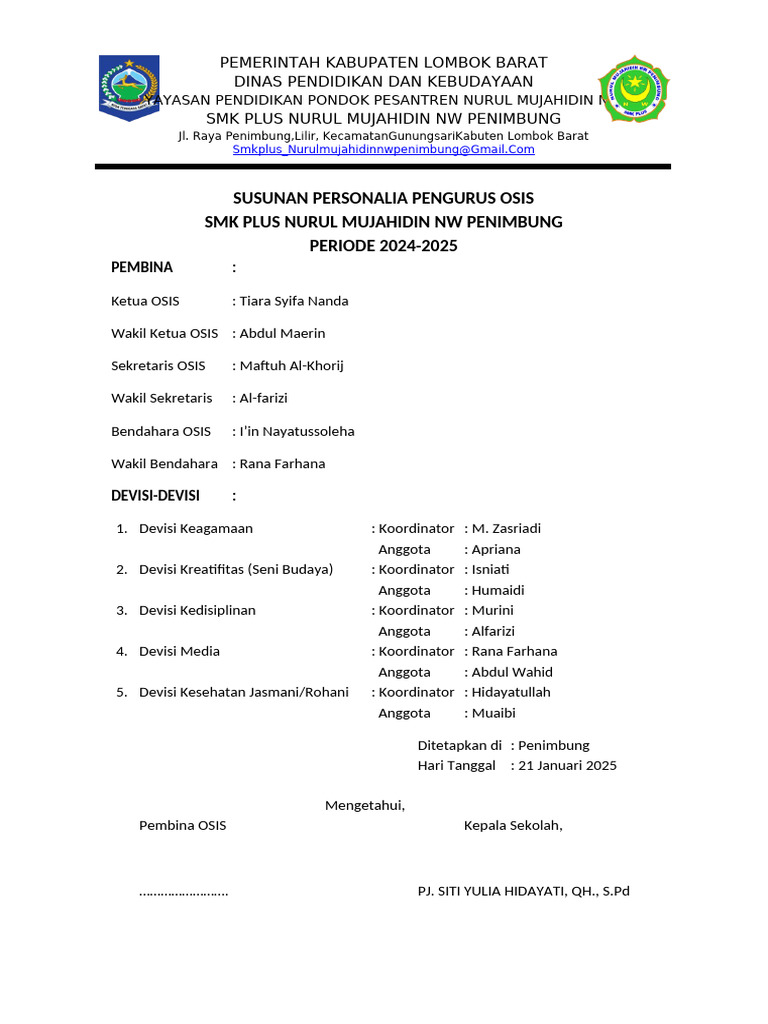 Susunan Personalia Pengurus Osis | PDF