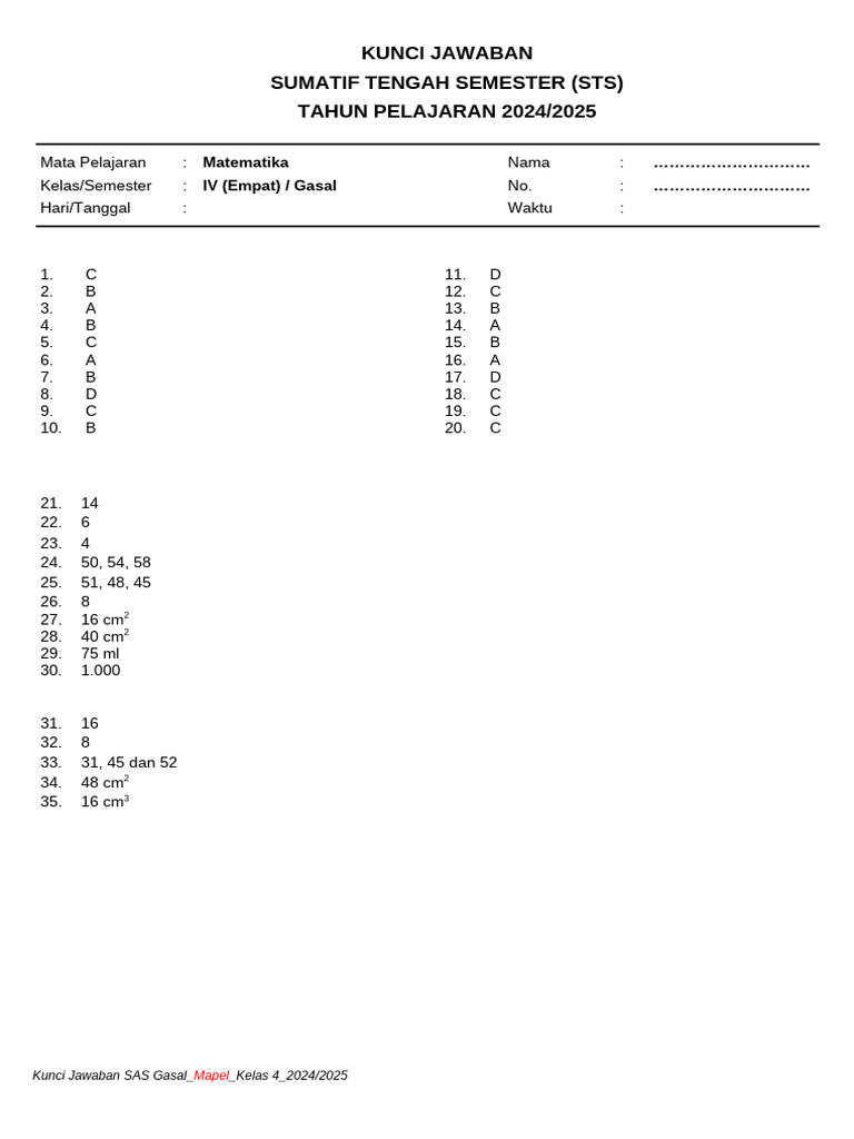 Format Kunci Jawaban Kelas 4 Matematika | PDF