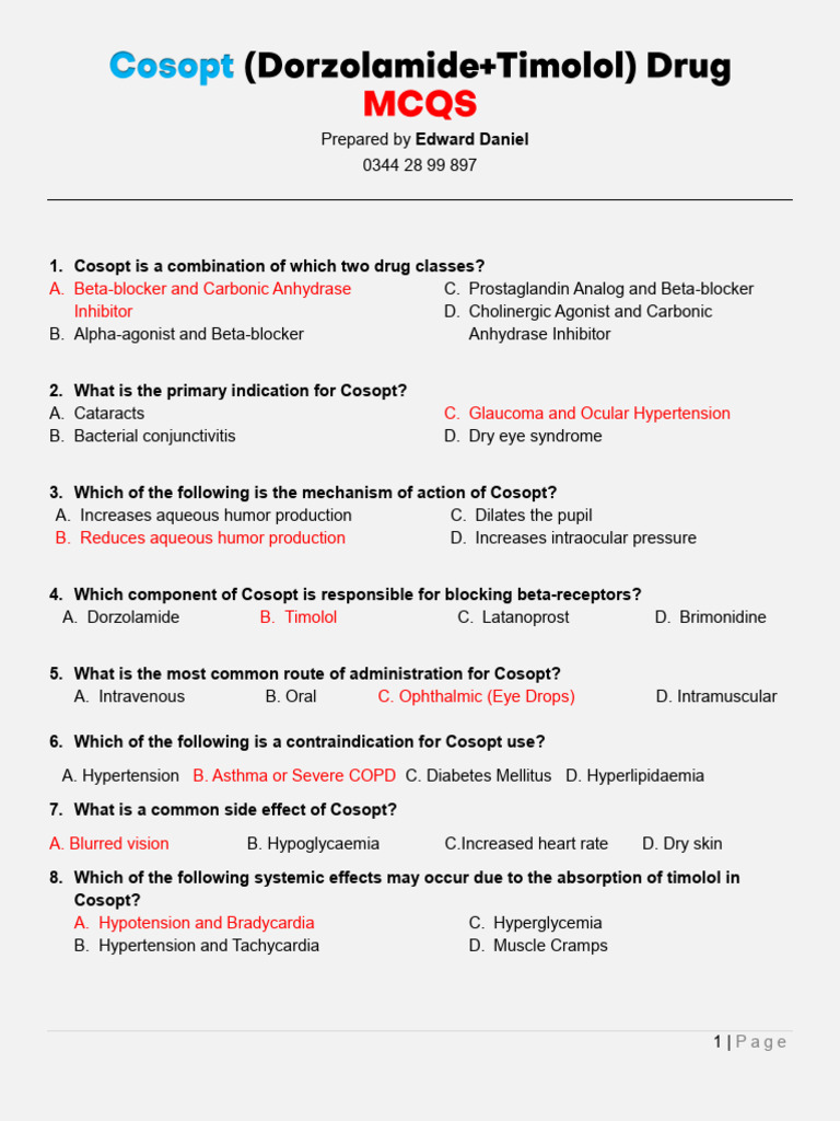 Cosopt (Dorzolamide+Timolol) Drug MCQS | PDF