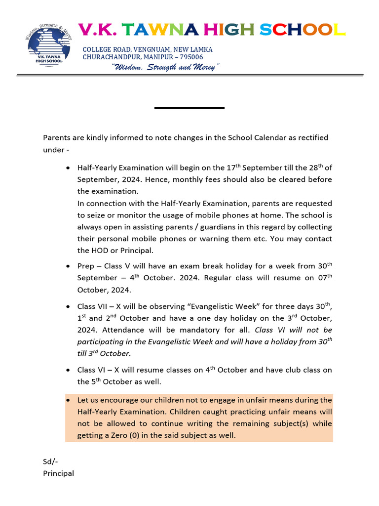 Notice Regarding Changes in The School Calendar | PDF