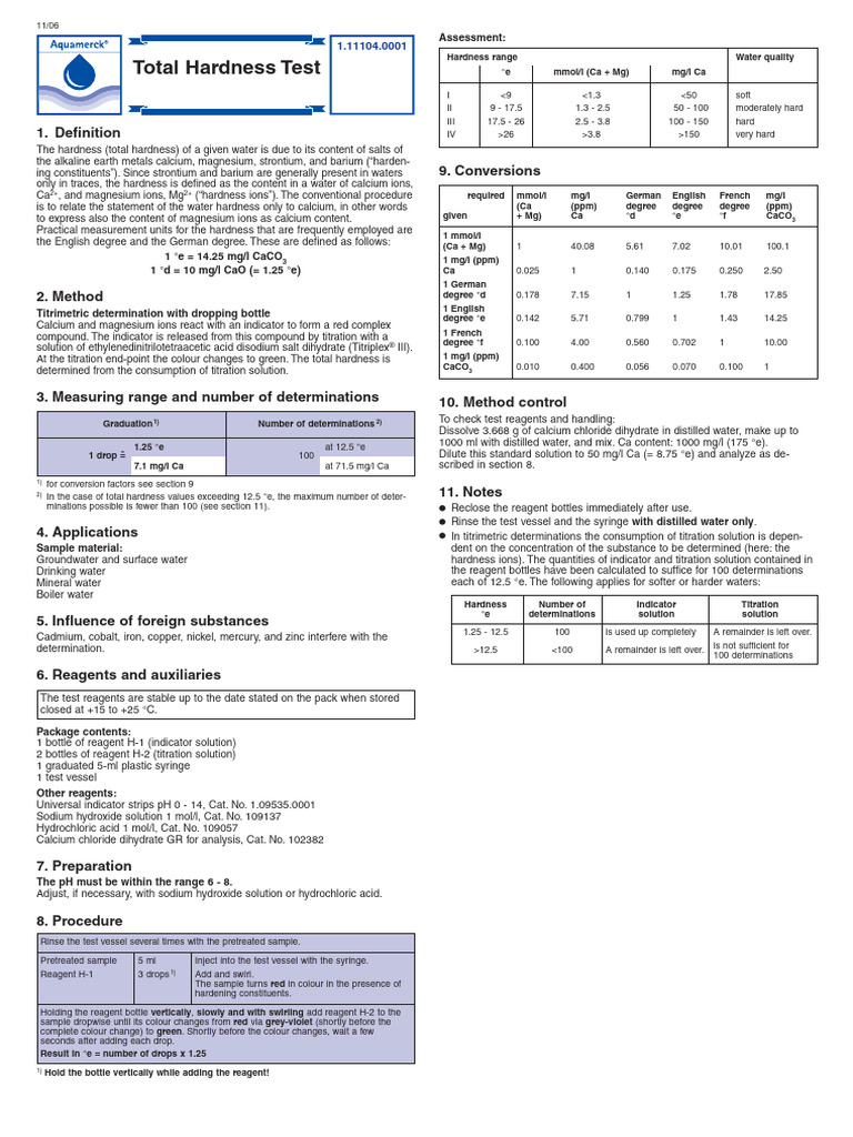 Total Hardness Test (Aquamerck) | PDF | Magnesium | Calcium