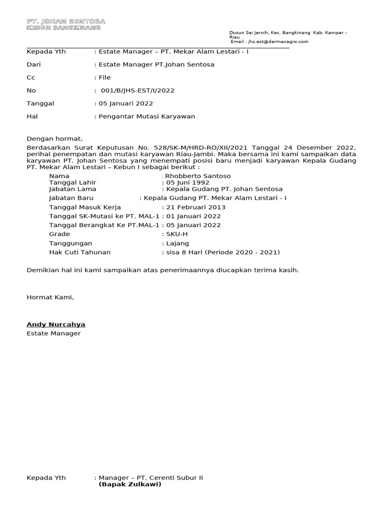 Mutasi Karyawan PT. Johan Sentosa 2022 | PDF