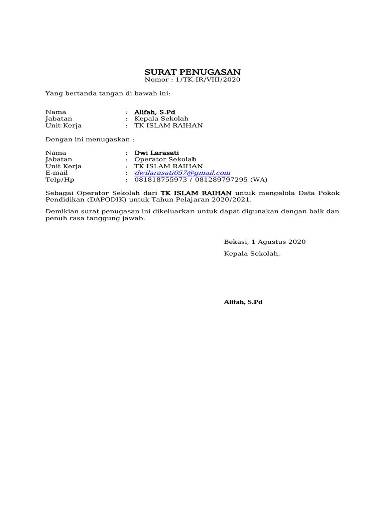 Surat Penugasan TK Raihan | PDF