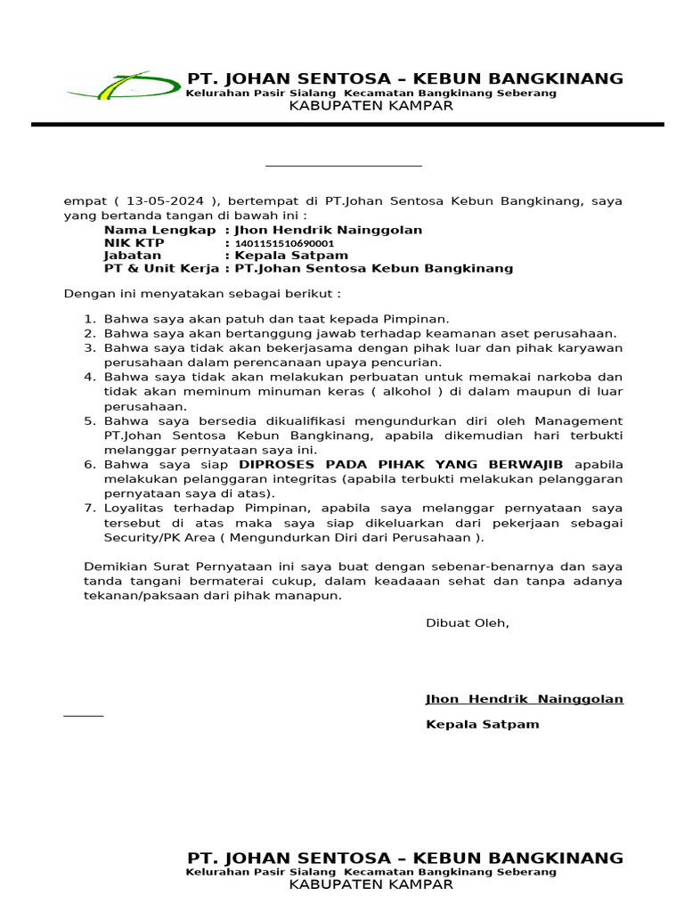 Surat Pernyataan All Satpam | PDF