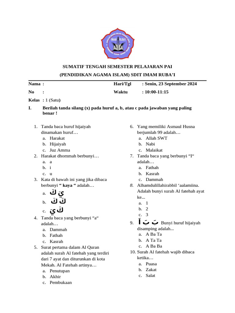 Soal PAI Kls 1 Ganjil | PDF