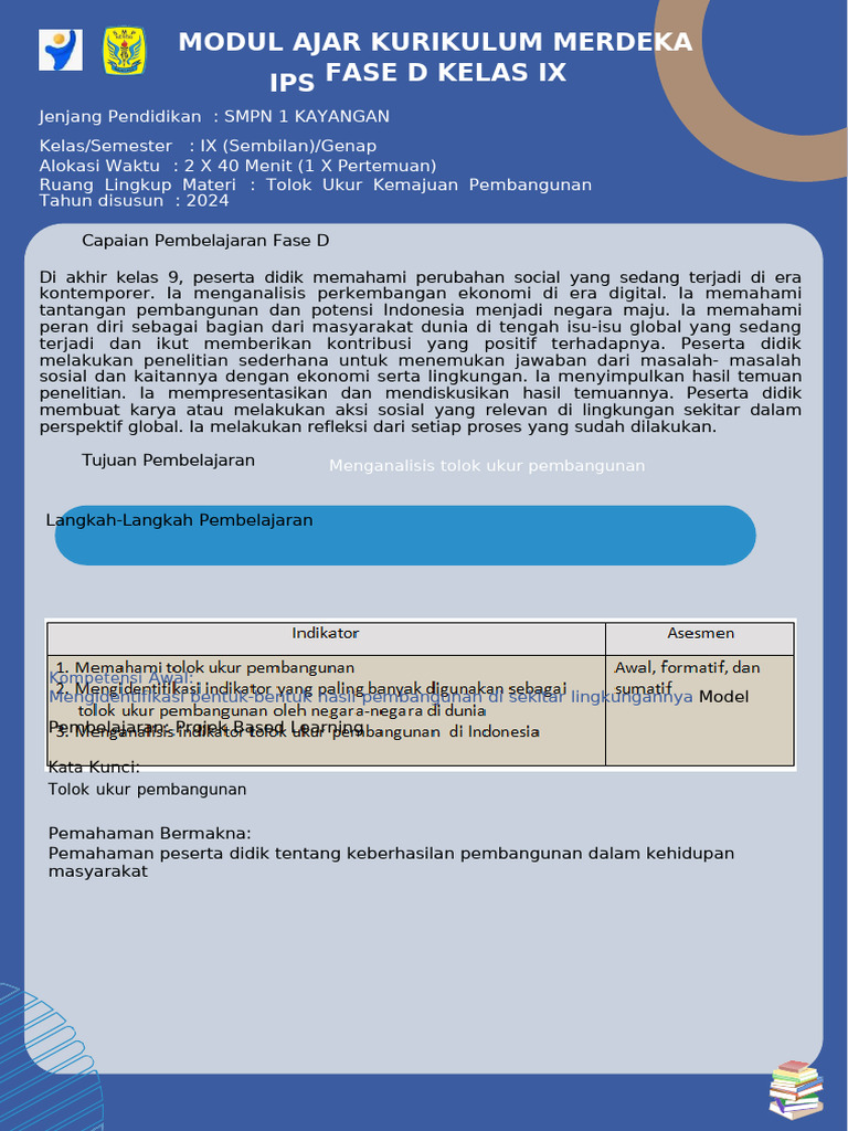 Modul Ajar Ilmu Pengetahuan Sosial (IPS) - Tolok Ukur Kemajuan Pembangunan - Fase D | PDF