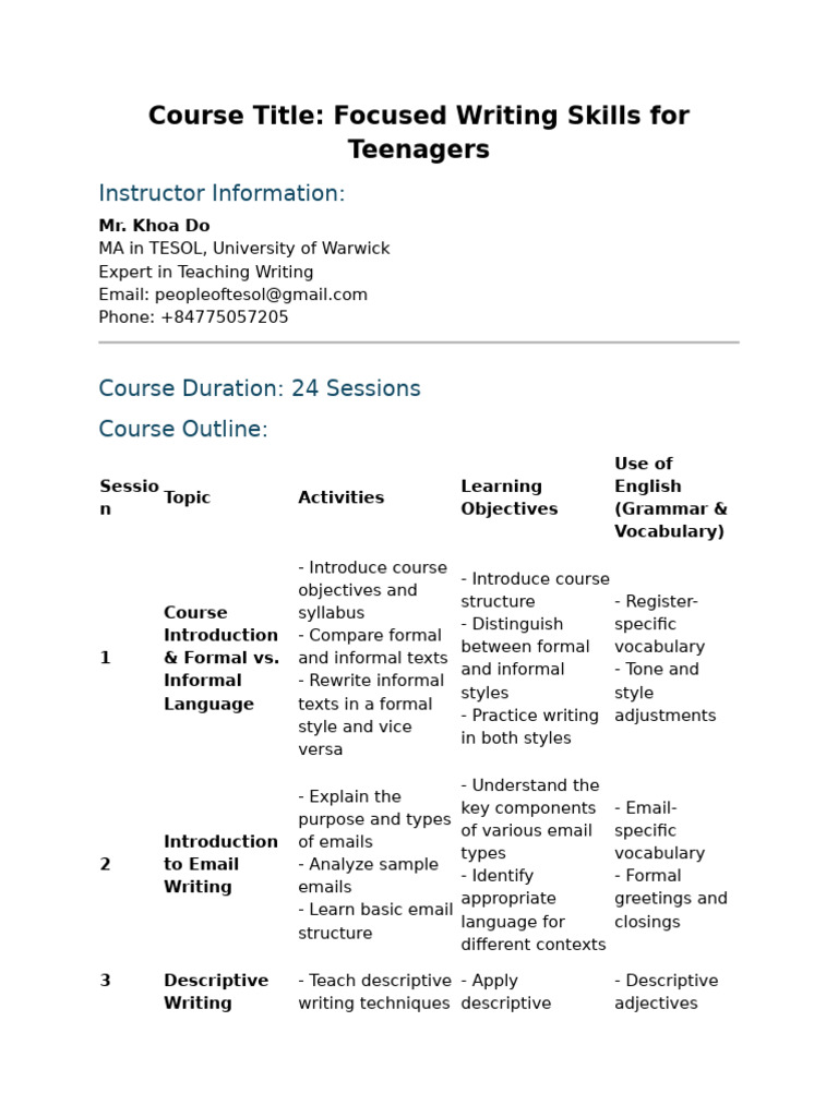 Course Outline - Writing For Teenagers | PDF | Essays | Vocabulary