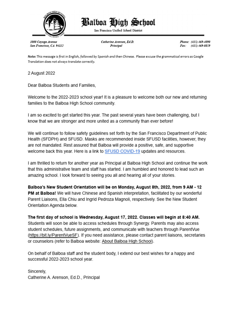 2223SY Student Orientation Welcome Letter | PDF