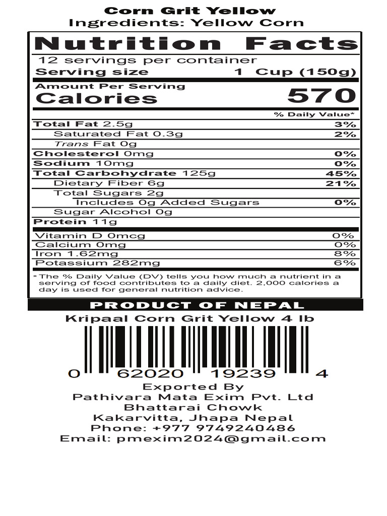 Corn Grit Yellow 4 lb Nutrition Label | PDF