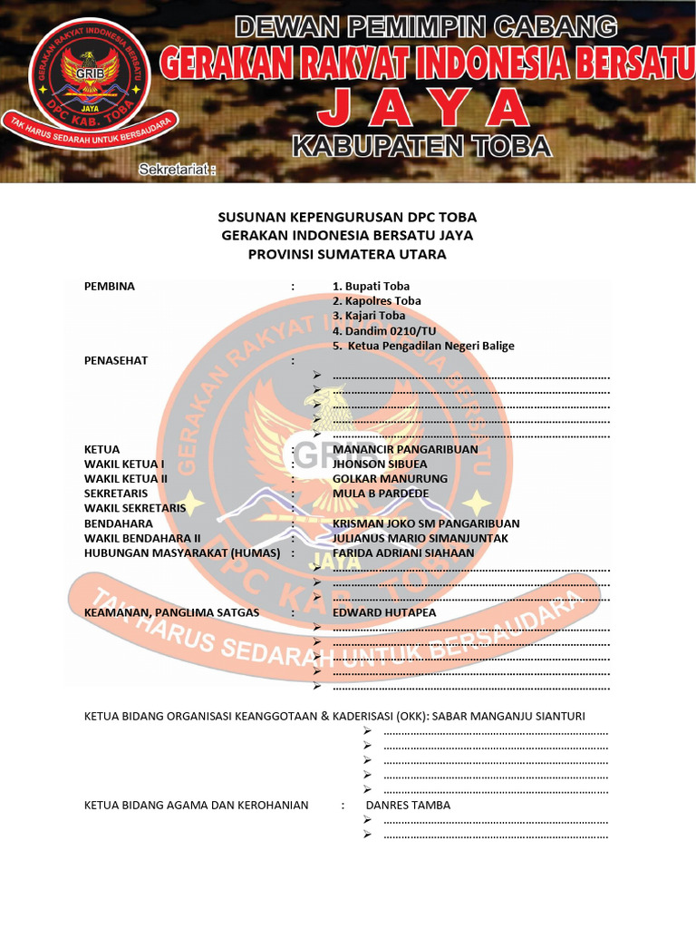 Revisi Kepengurusan DPC Toba Grib Jaya | PDF
