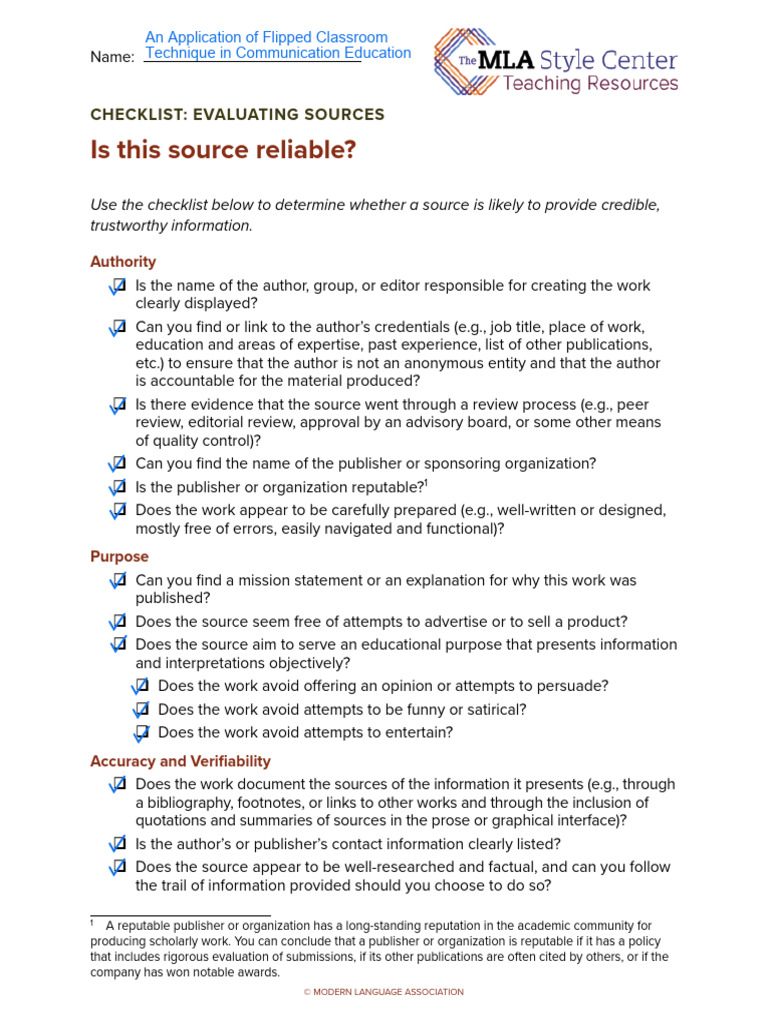 Evaluating Source Reliability Checklist | PDF | Information | Communication