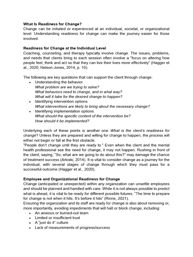 Readiness for Change | PDF | Psychology | Behavioural Sciences