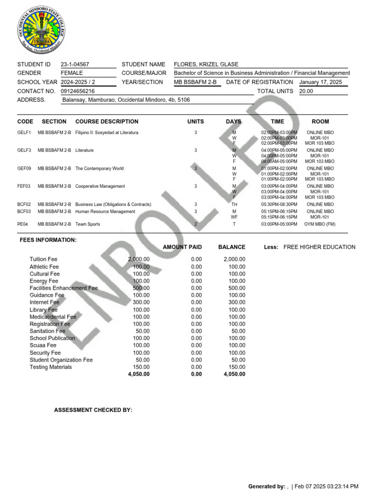 Occidental Mindoro College Student Registration | PDF