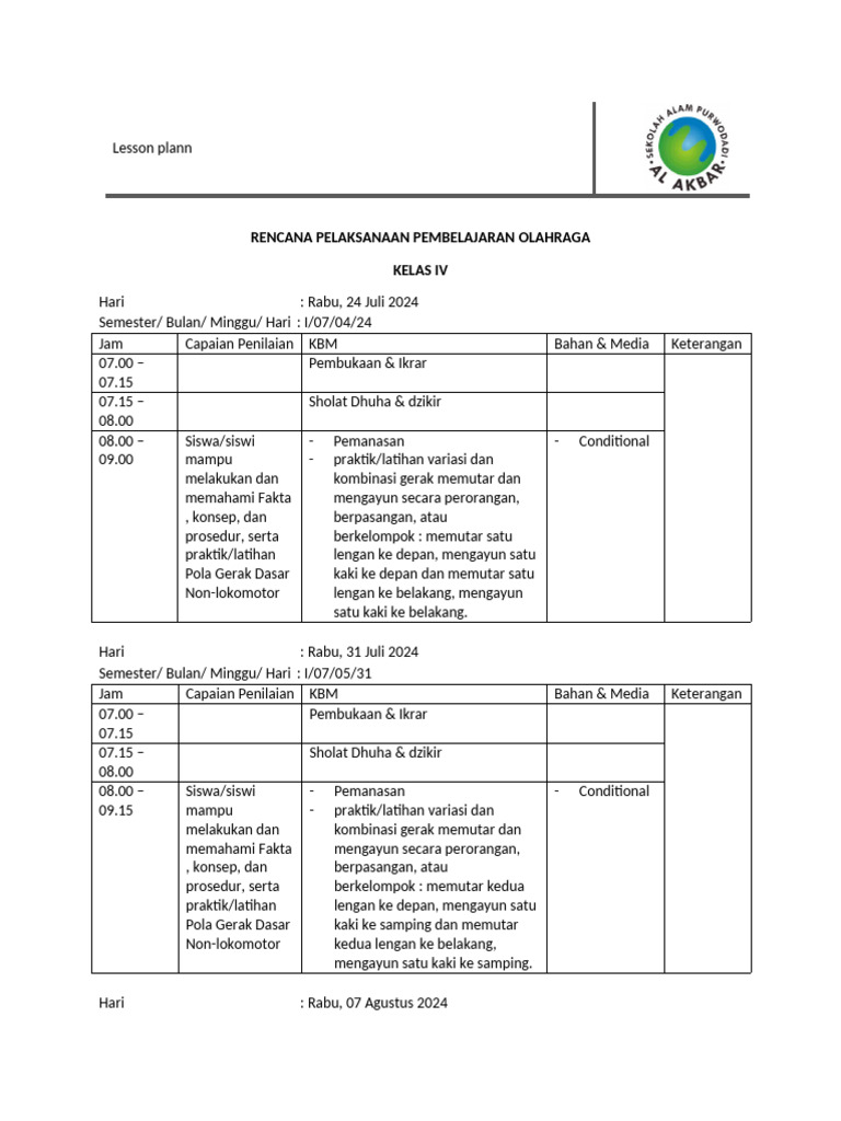 Lesson Plann PJOK Kelas 4 | PDF