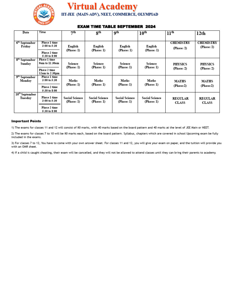 September Exam Time Table | PDF | Science Education | Career And ...