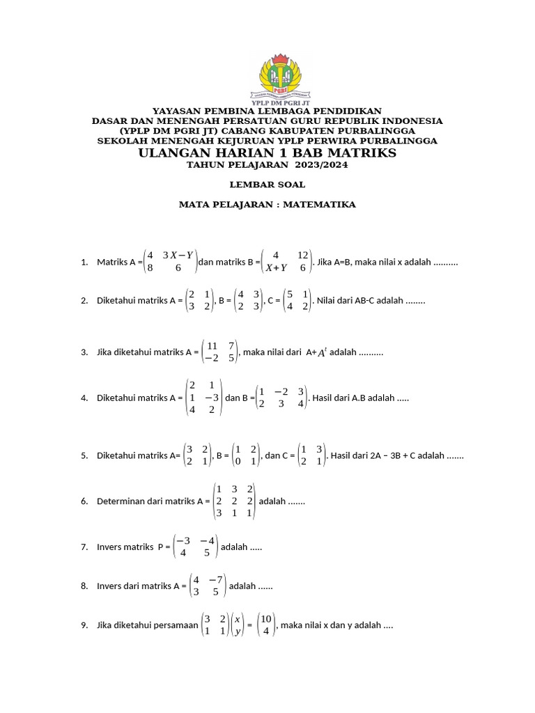 SOAL MTK X MATRIKS | PDF