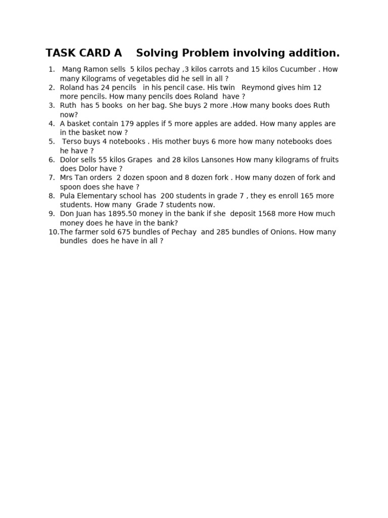 TASK CARD A Solving Problem Involving Addition | PDF