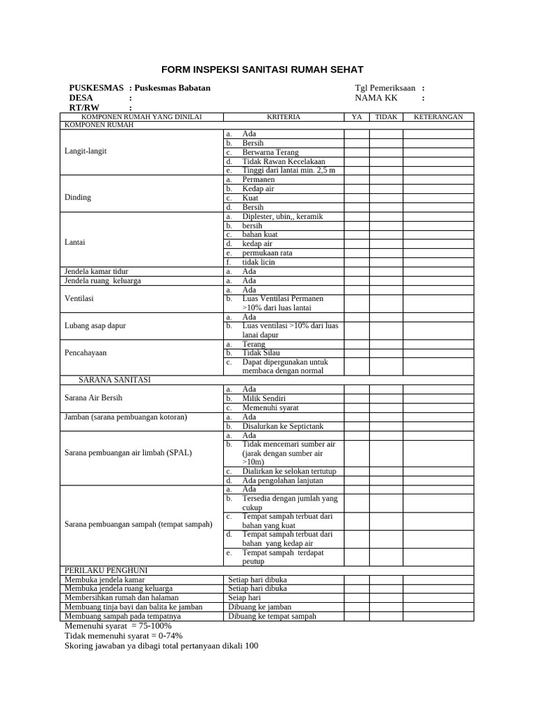 Form Inspeksi Sanitasi Rumah Sehat | PDF