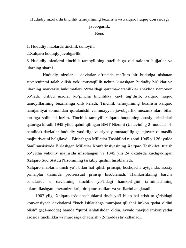 Hududiy nizolarda tinchlik tamoyilining buzilishi va xalqaro huquq ...