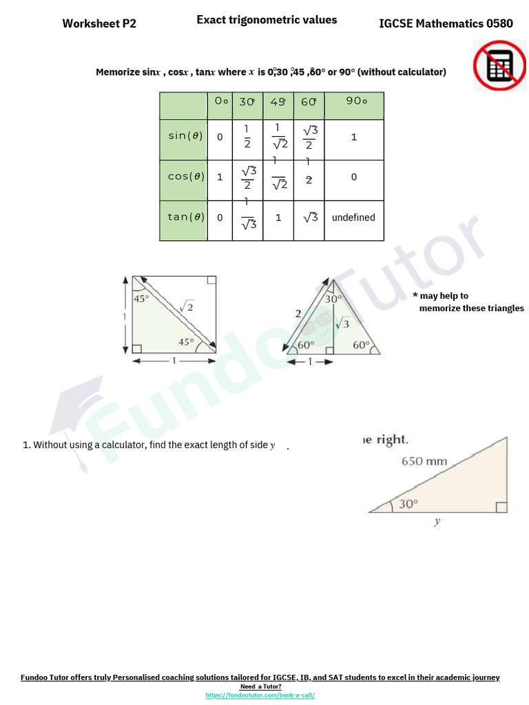 Igcse Math 0580 Exact Trignometric Values Worksheet P2 Pdf Trigonometry Elementary Mathematics