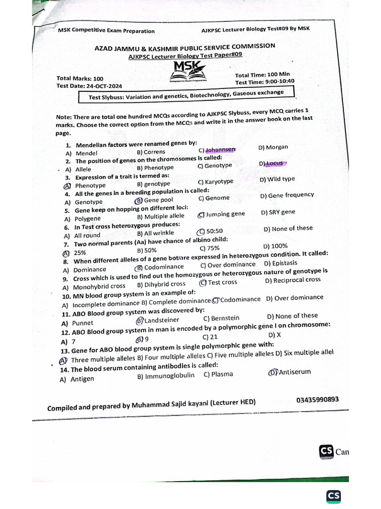 MSK Bio Test 9 Solved | PDF