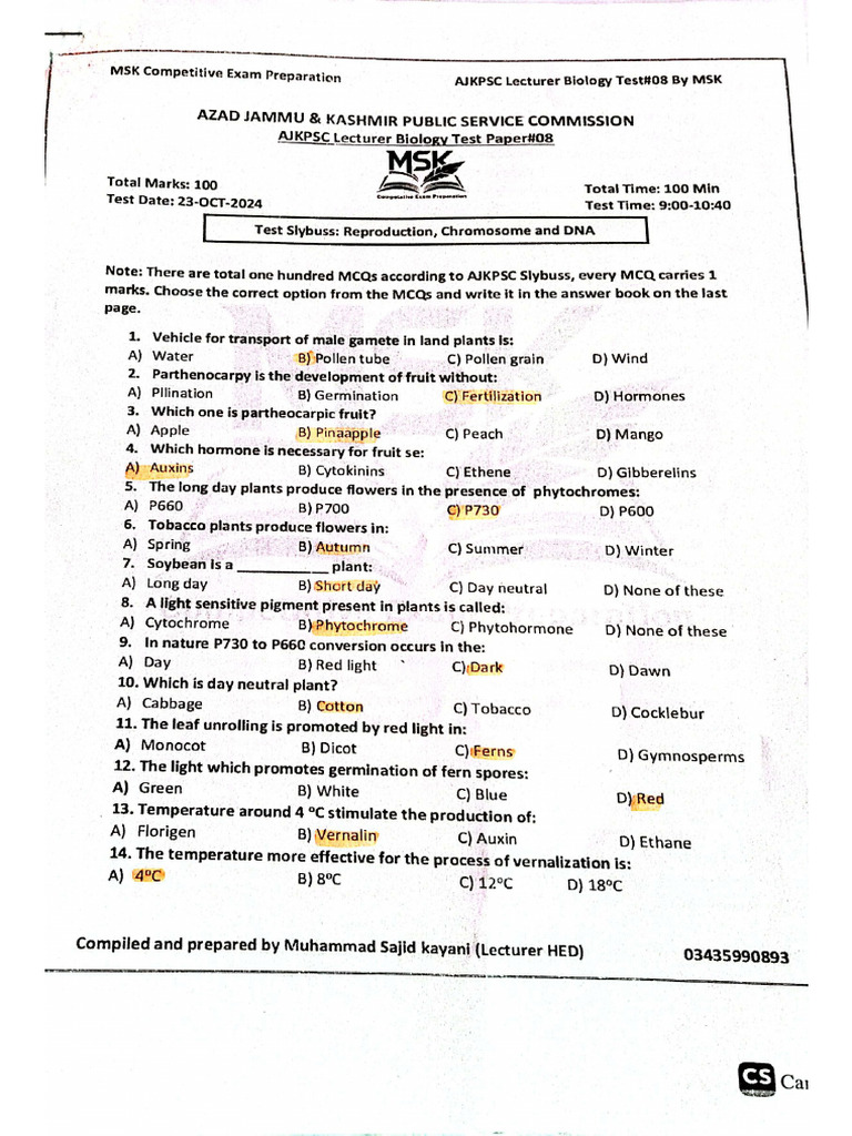 MSK Bio Test 8 Solved | PDF