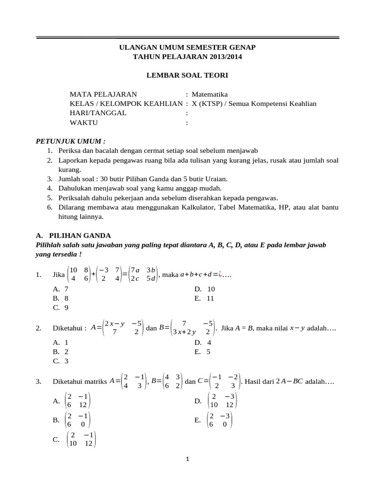 Soal Uus Matematika Genap Kelas X KTSP | PDF