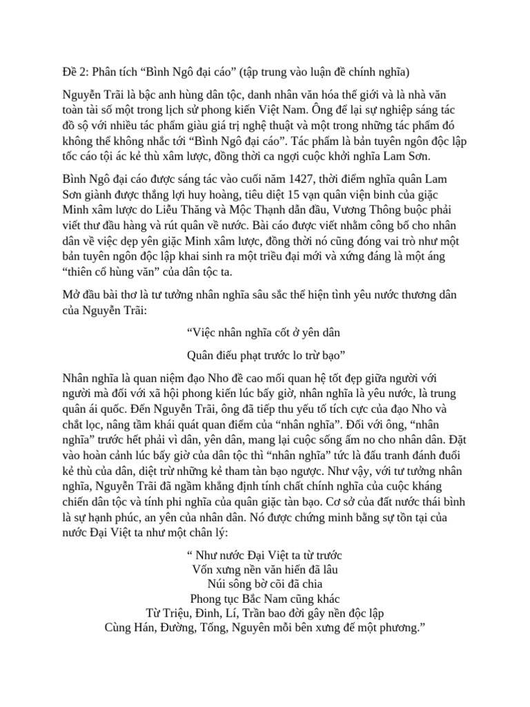 Đề 2 Phân Tích "Bình Ngô Đại Cáo" | PDF