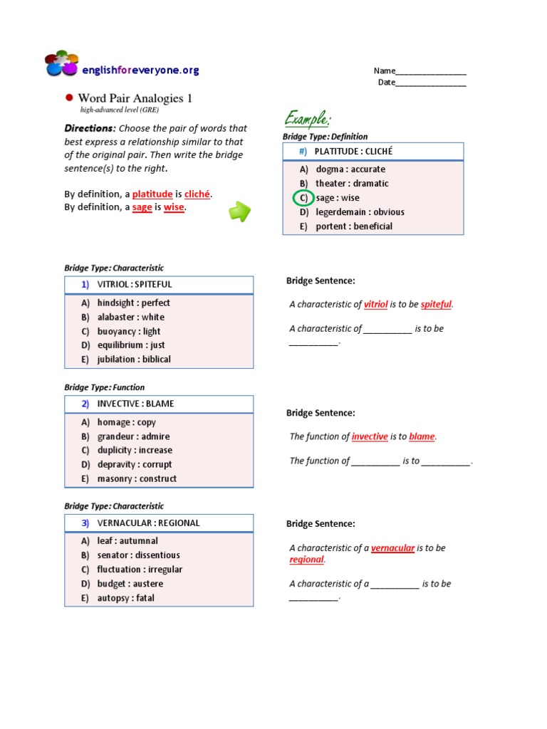 Advanced Word Pair Analogies Test | PDF | Language Arts & Discipline