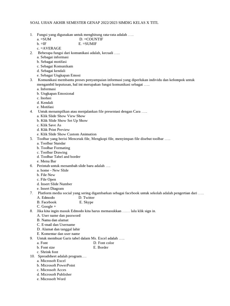 SIMDIG SAH SUMATIF Kelas X | PDF