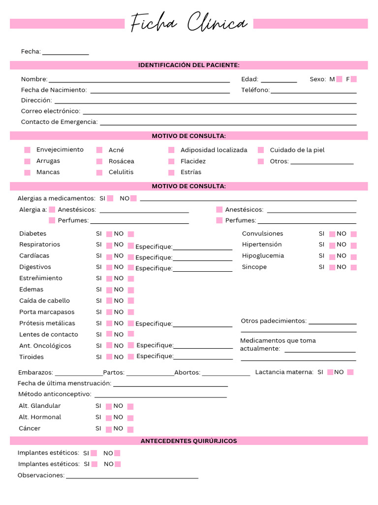 Ficha Clínica de Tratamientos Estéticos | PDF | Especialidades Medicas | Medicina CLINICA