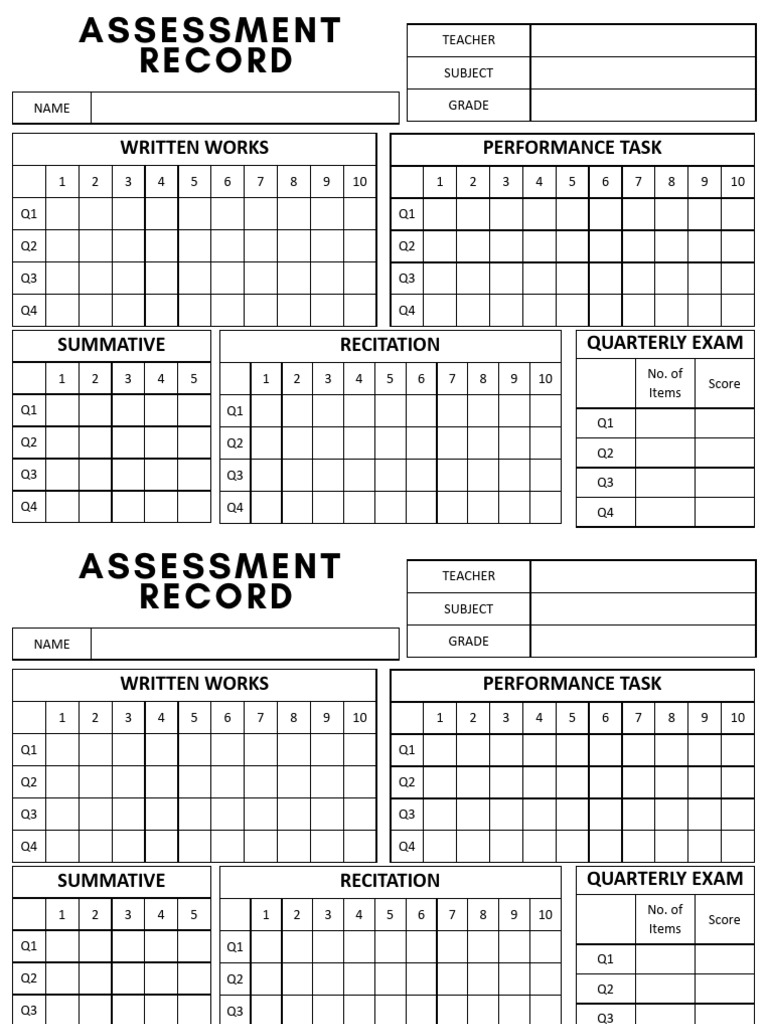 ASSESSMENT RECORD (BLACK AND WHITE) | PDF | Educational Assessment And ...