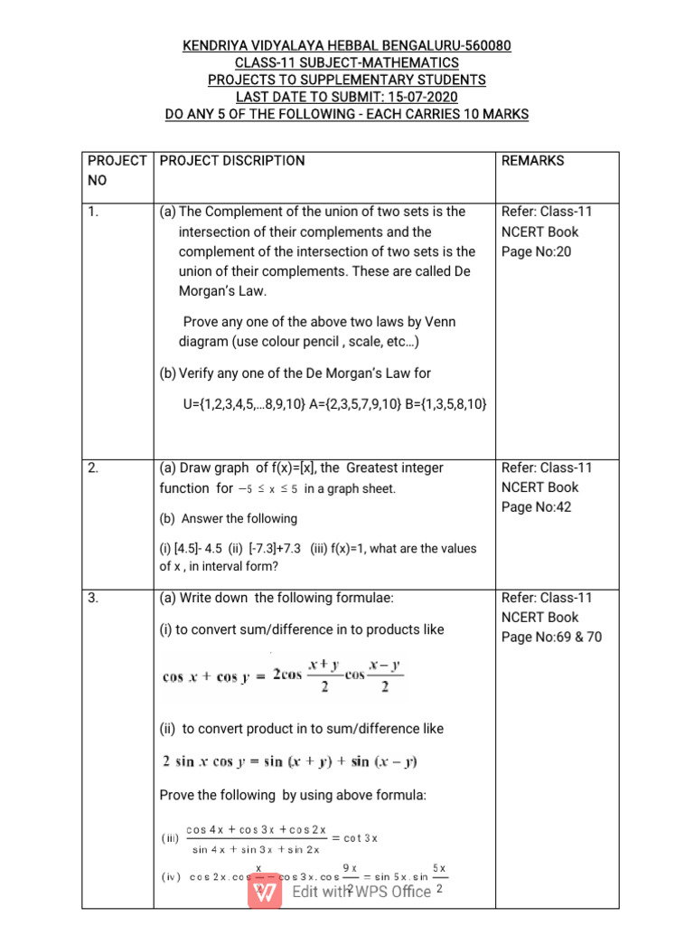 Class 11 Mathematics Project Guidelines | PDF