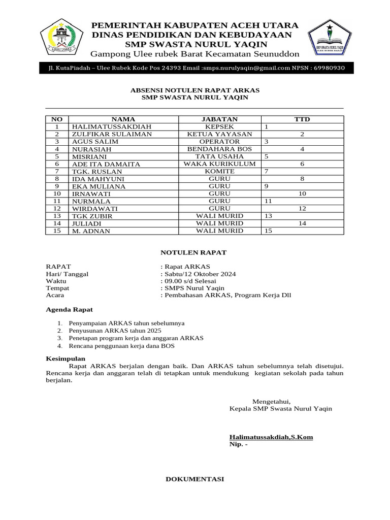 Notulen Rapat Arkas SMP | PDF