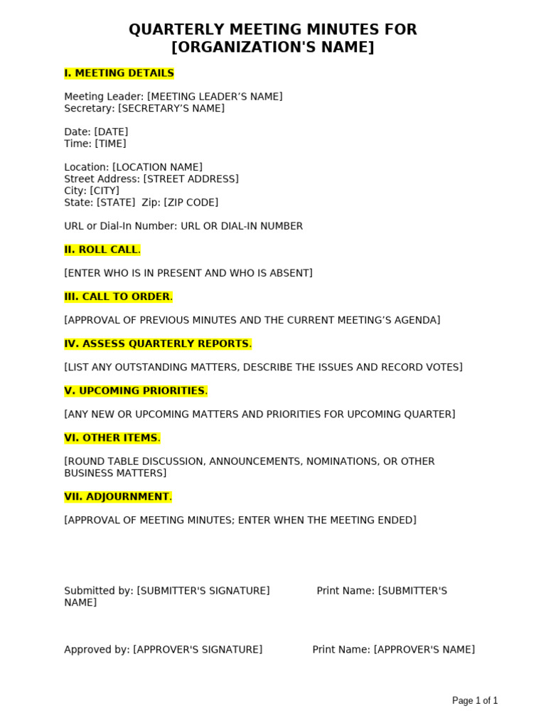 Quarterly Meeting Minutes Template 09 21 | PDF
