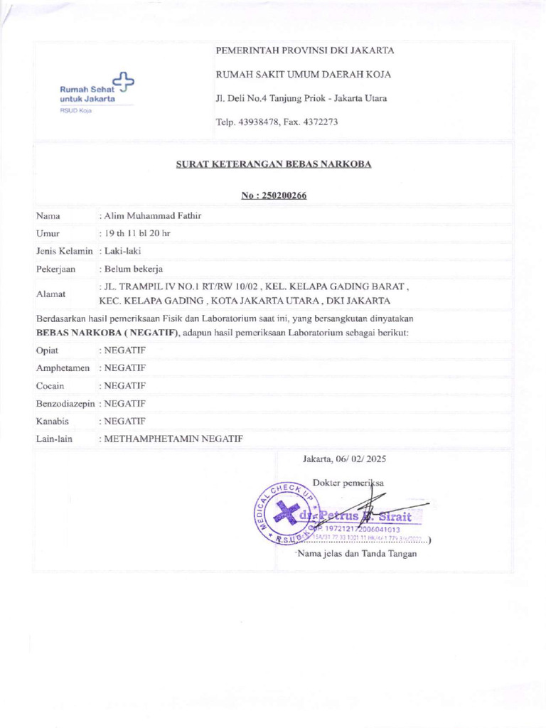 Surat Keterangan Bebas Narkoba | PDF