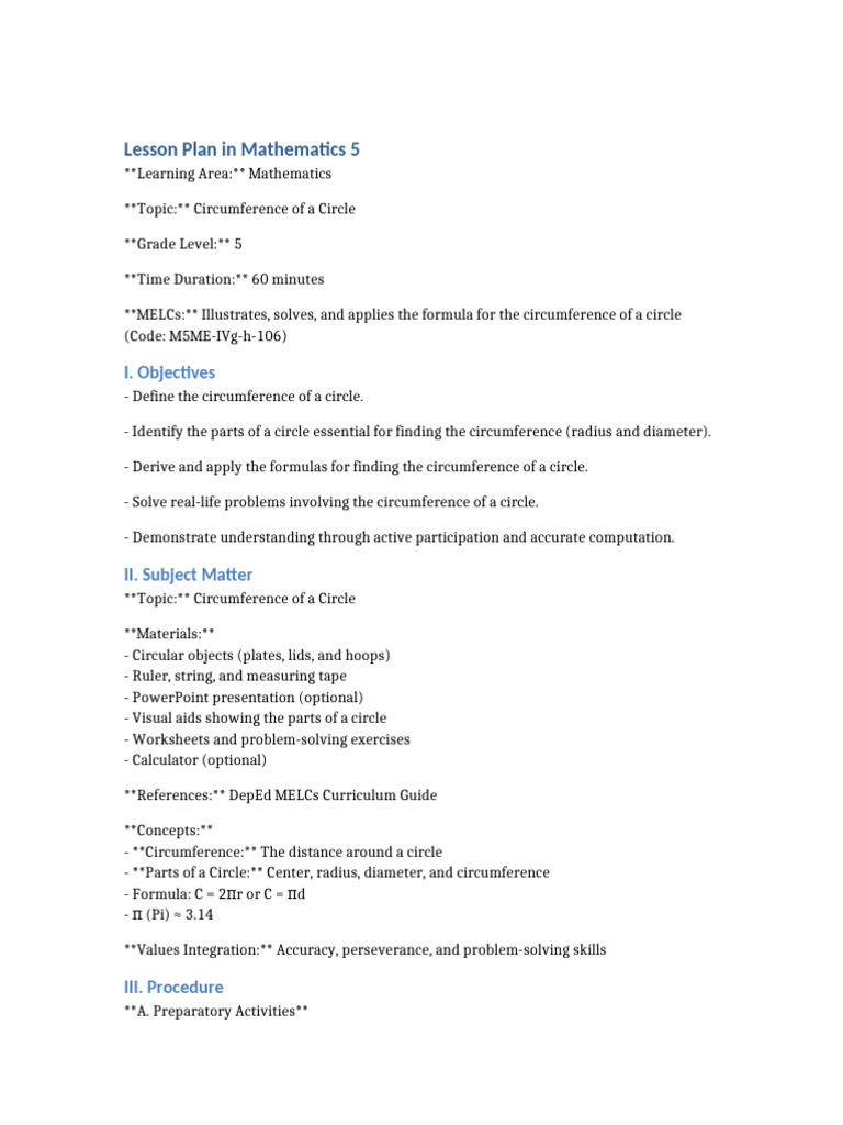 Comprehensive Circumference Lesson Plan | PDF | Circle | Pi