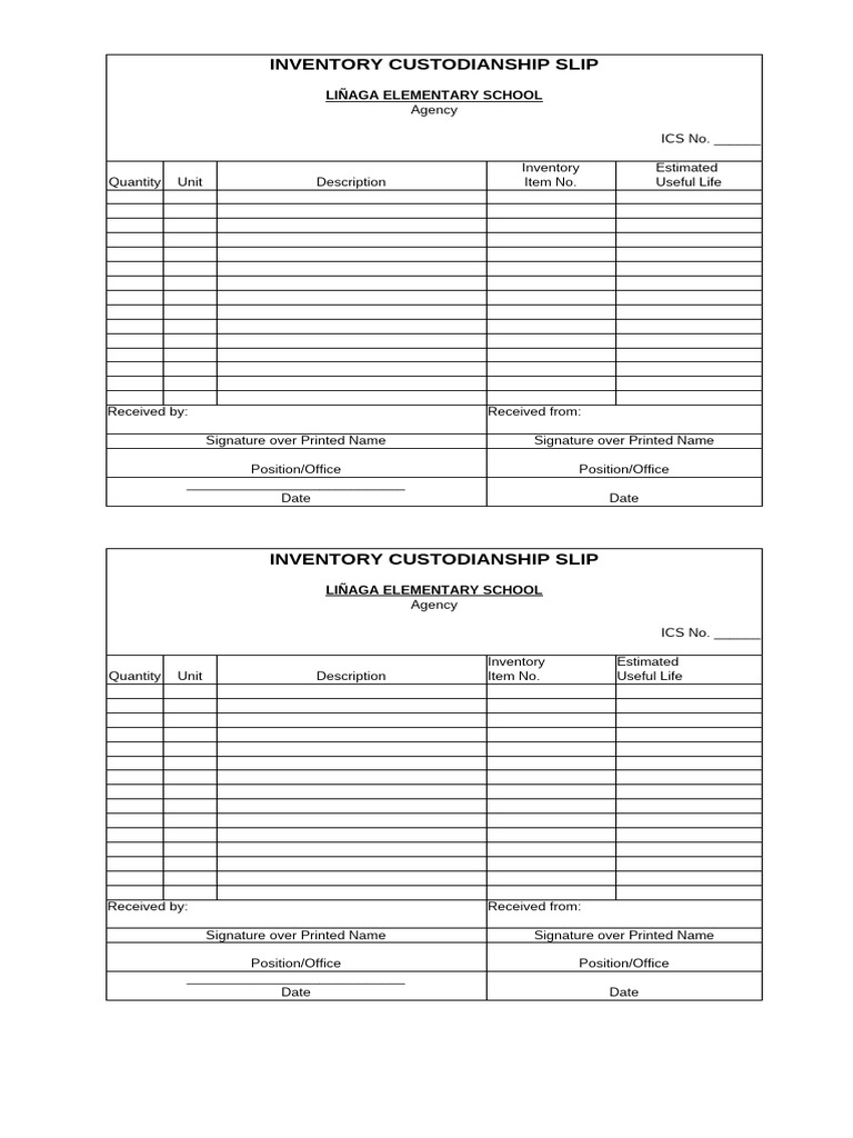 Inventory Custodianship Slip Template | PDF